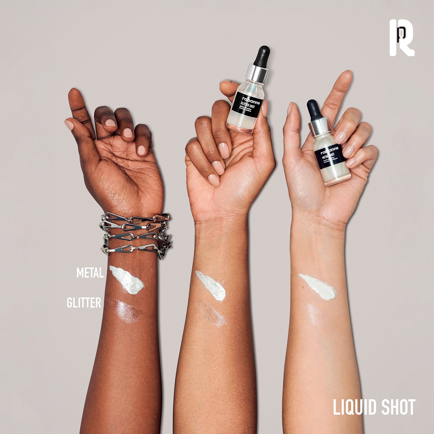 Glitter Shot - Tekutý třpytivý rozjasňovač z RABANNE MAKEUP ≡ SEPHORA